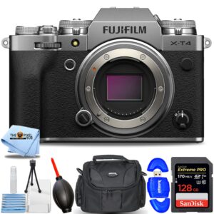 pixel hub fujifilm x-t4 mirrorless camera (silver) 16652867-7pc accessory bundle includes: sandisk extreme pro 128gb sd, memory card reader, gadget bag, blower. microfiber cloth and cleaning kit