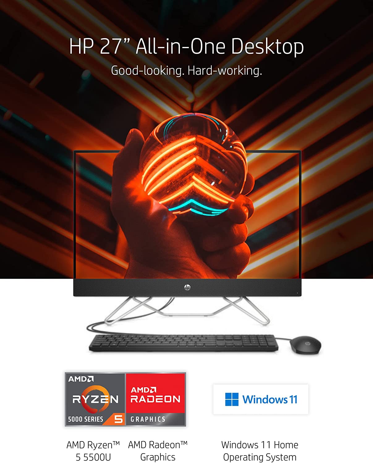 HP 2022 Newest 27 inch FHD All-in-One Computer, AMD Ryzen 5 5500U(Beat i5-1135G7, up to 4.0 GHz), 16GB RAM, 1TB PCIe SSD+1TB HDD, Webcam, Ethernet, WiFi, Speakers, HDMI, Win11, w/Keyboard+Mouse