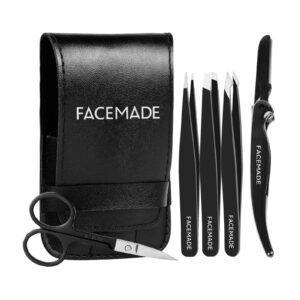 facemade tweezers set with scissors and eyebrow razor, eyebrow tweezers for women and men, professional stainless steel tweezers for facial hair removal