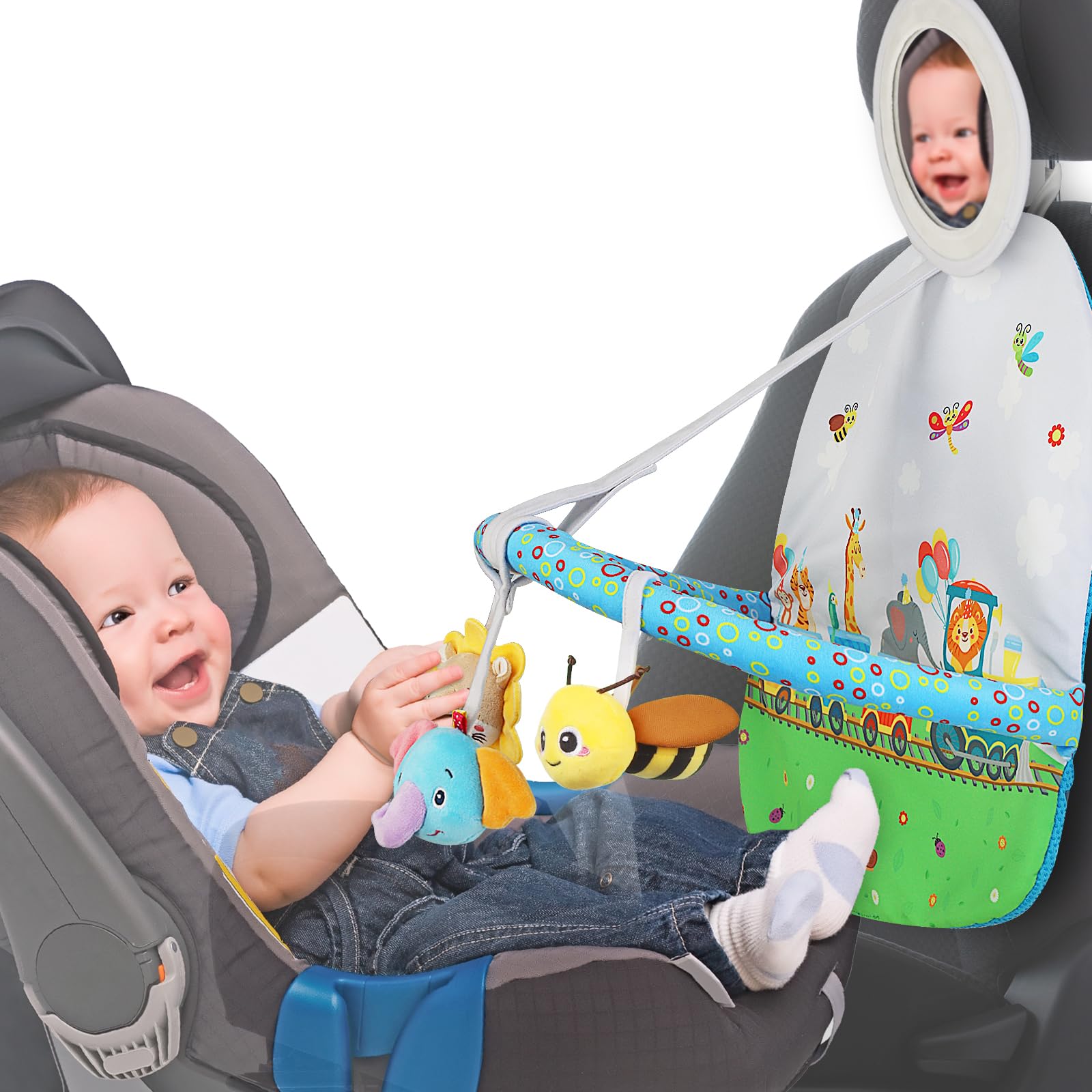 Baby car seat toy for travel with Rear Mirror, Car seat Double Sided Arch activity center Hanging Squeaky toy for infant 0-36 Months