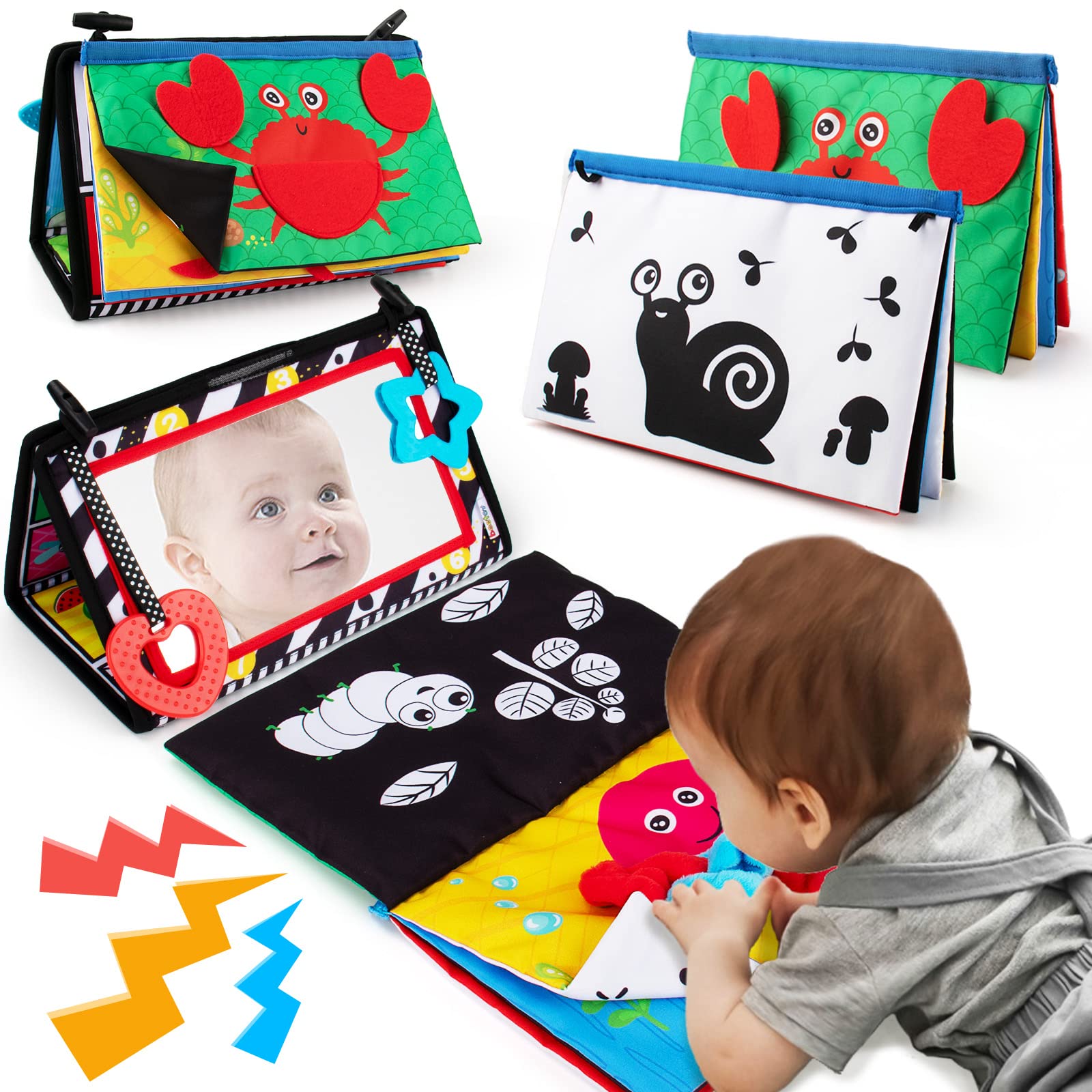 beetoy Tummy Time Baby Mirror Toys Newborn Infant Sensory Toys with Crinkle Cloth Book & Teethers, High Contrast Developmental Baby Mirror Crawling Toys 0 3 6 12 Months