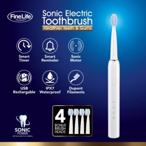 FineLife Products 3 Modes Sonic Power Electric Toothbrush for Healthier Teeth and Gums - USB Rechargeable - 19000 Rotation Per Minute with 4 Bonus Brush Heads, Oral Care Whitening - White