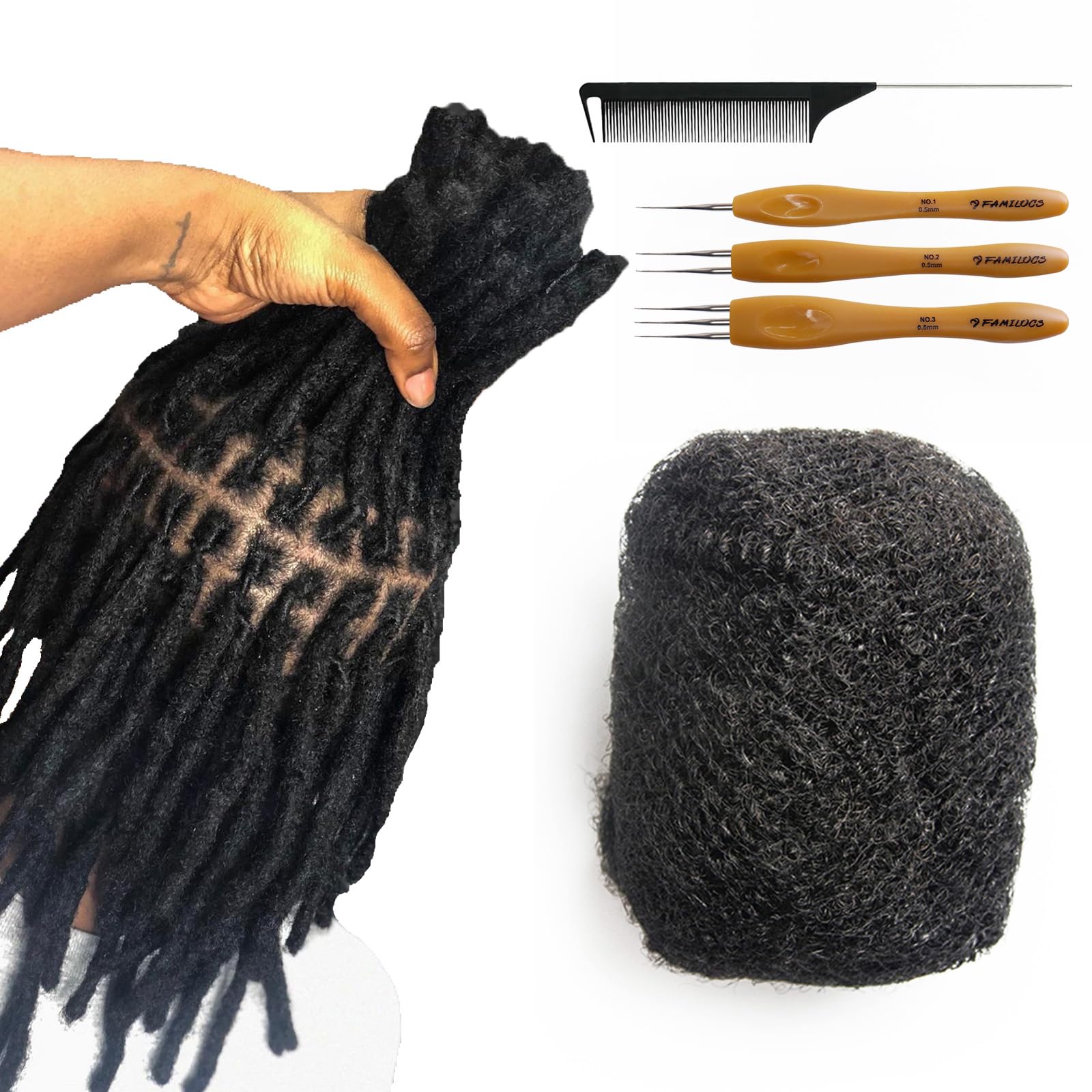 FAMILOCS Afro Kinky Bulk Human Hair for Draedlock Extensions, Repair Locs, Twists and Braids (8 Inch 30g/1oz, Natural black #1B)