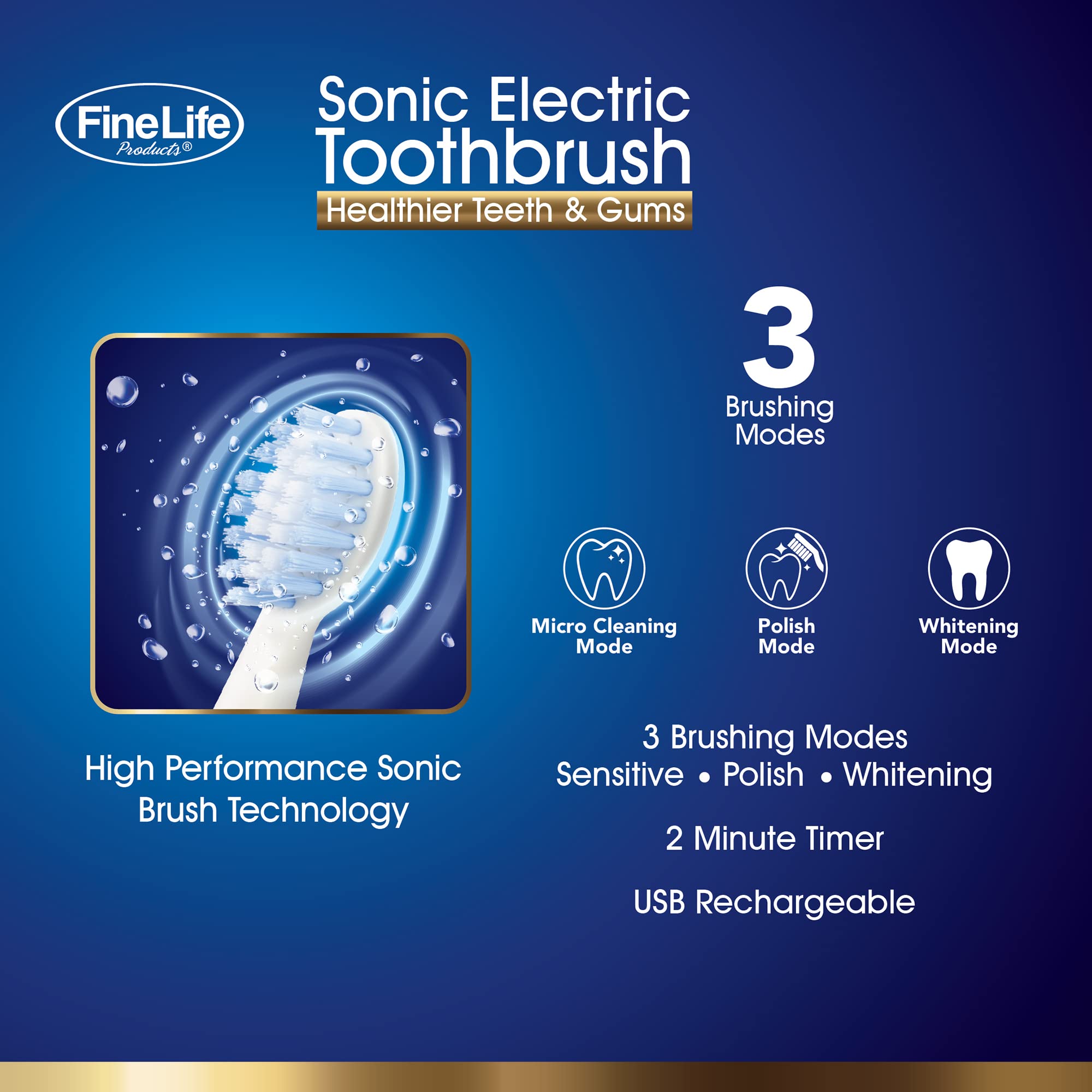 FineLife Products 3 Modes Sonic Power Electric Toothbrush for Healthier Teeth and Gums - USB Rechargeable - 19000 Rotation Per Minute with 4 Bonus Brush Heads, Oral Care Whitening - White