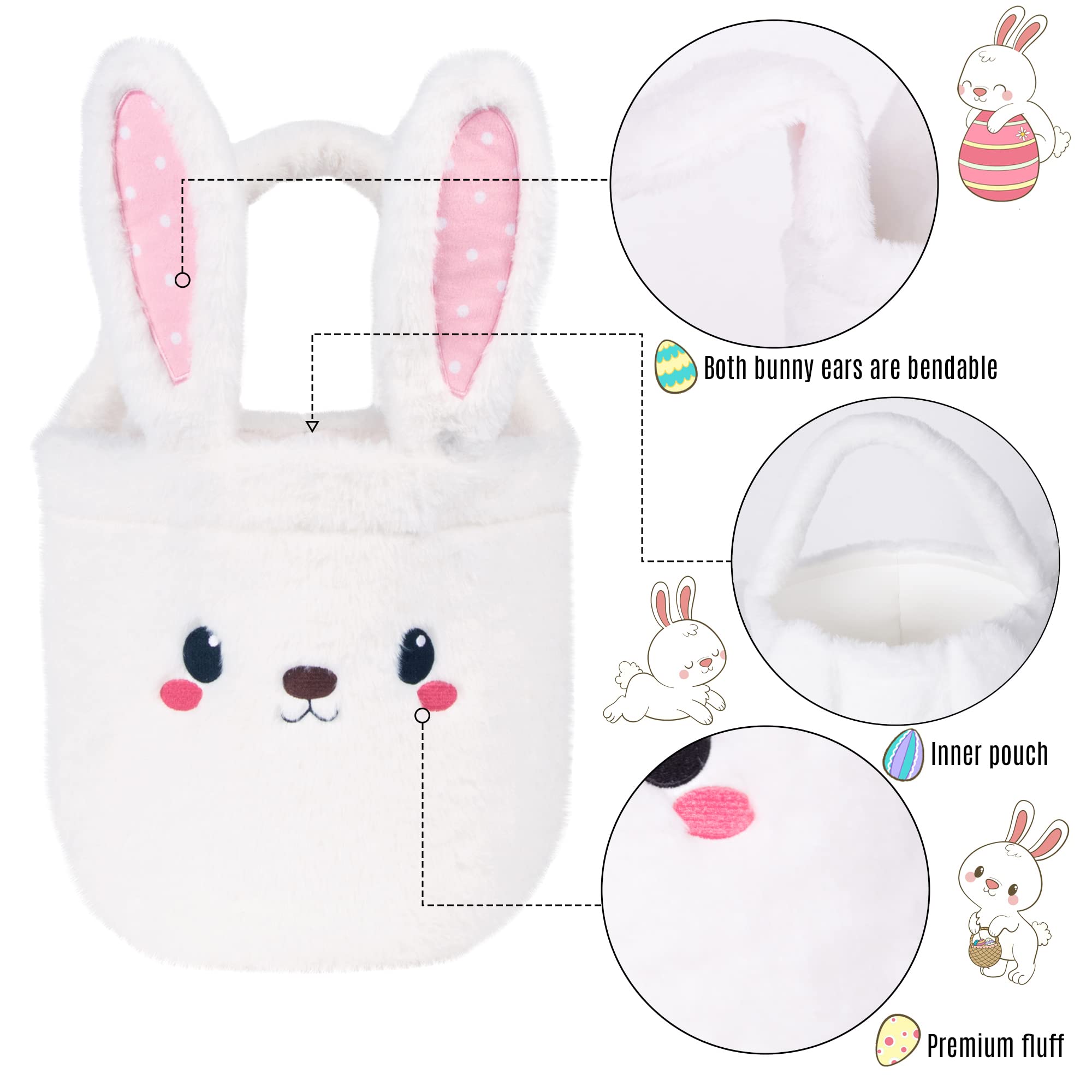 LUBOT Easter Basket for Kids 3D (9inch*9inch) Plush Bunny Baskets with Foldable Ears Egg Hunts bucket for Boys and Girls Easter Decoration Bag Gift, Pink