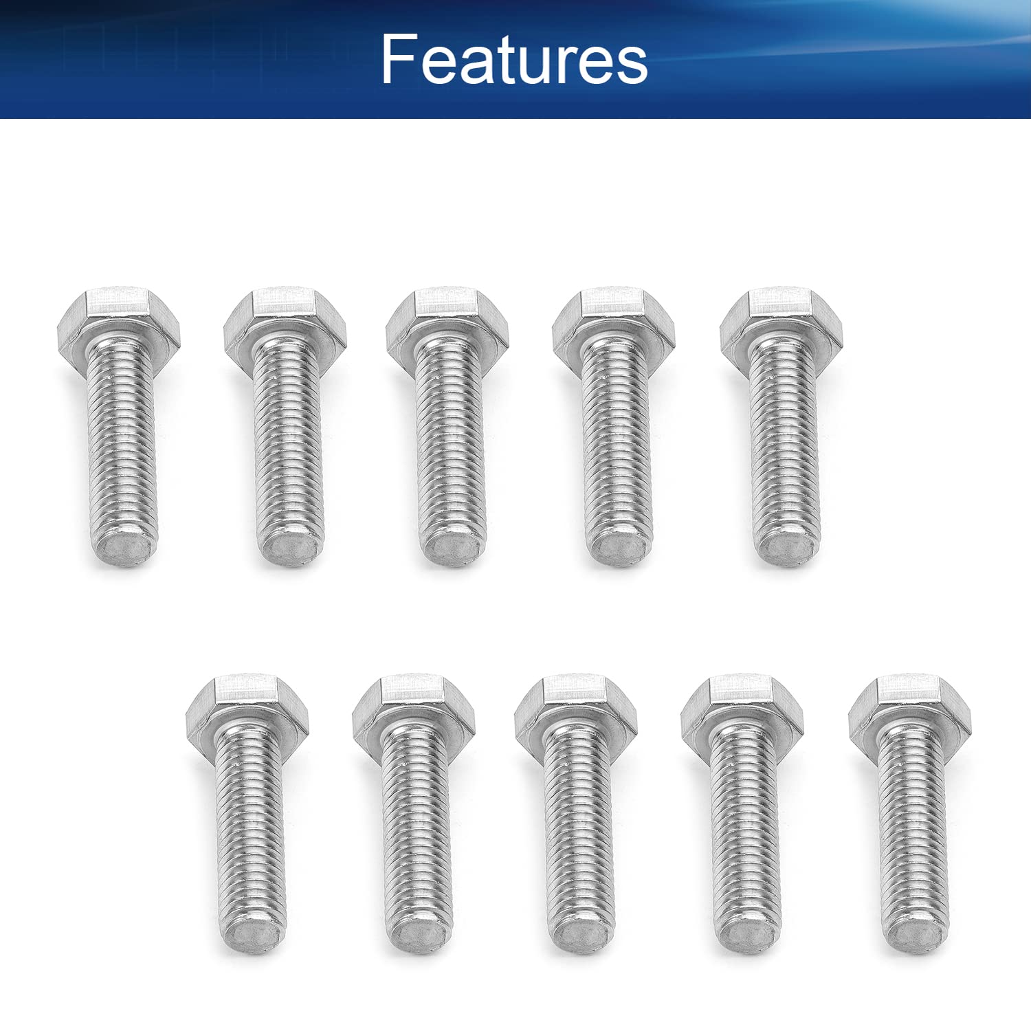 Bettomshin 10Pcs M8 x 30mm Hex Bolts, 304 Stainless Steel 1.25mm Thread Pitch Fully Threaded Metric Hex Head Screw Bolts, Hexagon Screw Bolt, Hex Tap Bolts, Silver (Overall Size 35.45x13x13mm)