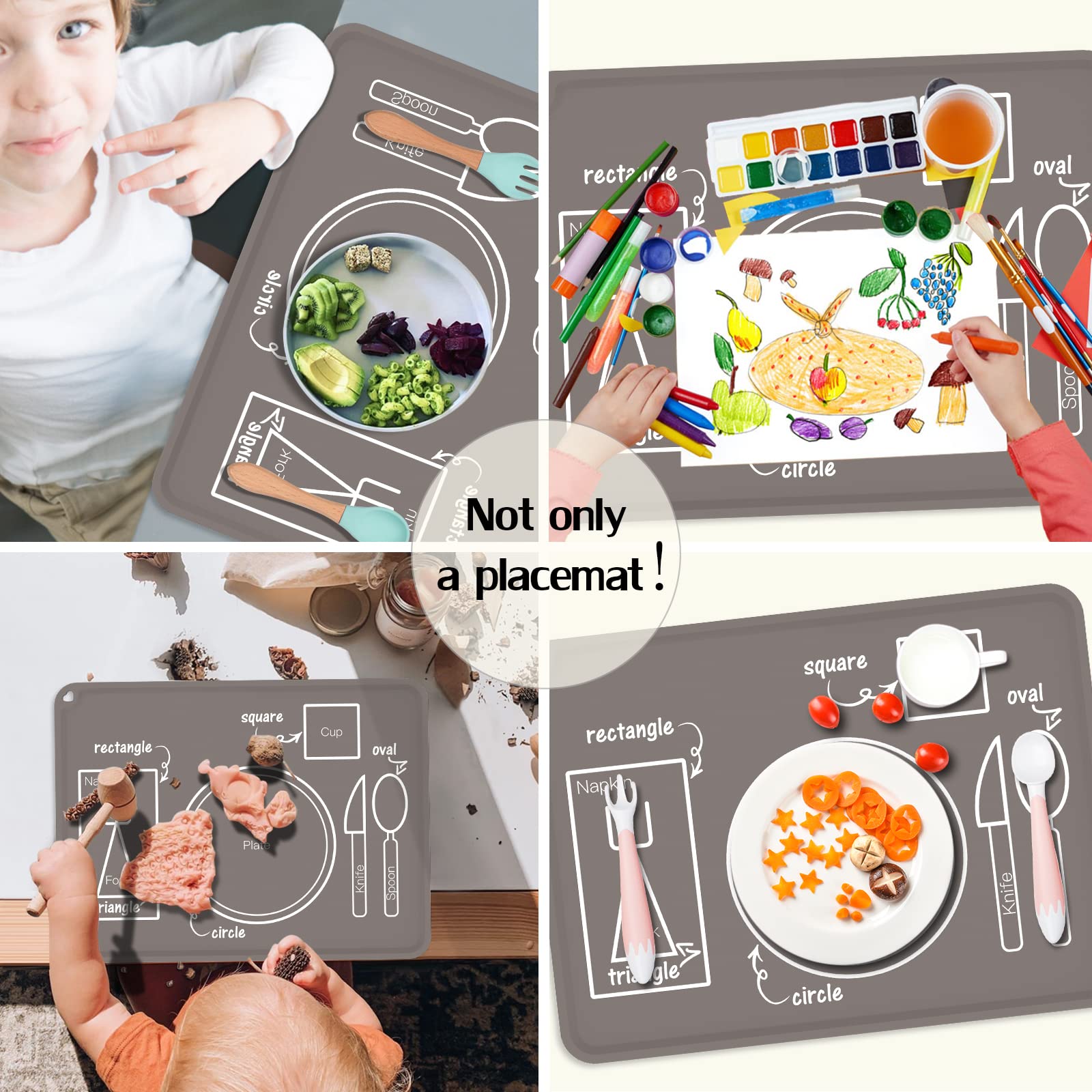 Kids Placemats, Silicone Baby Montessori Placemats for Kids Toddler Children Reusable Non-Slip Table Dining Mats for Restaurant, 2 Pack,Darkgrey&MistyRed