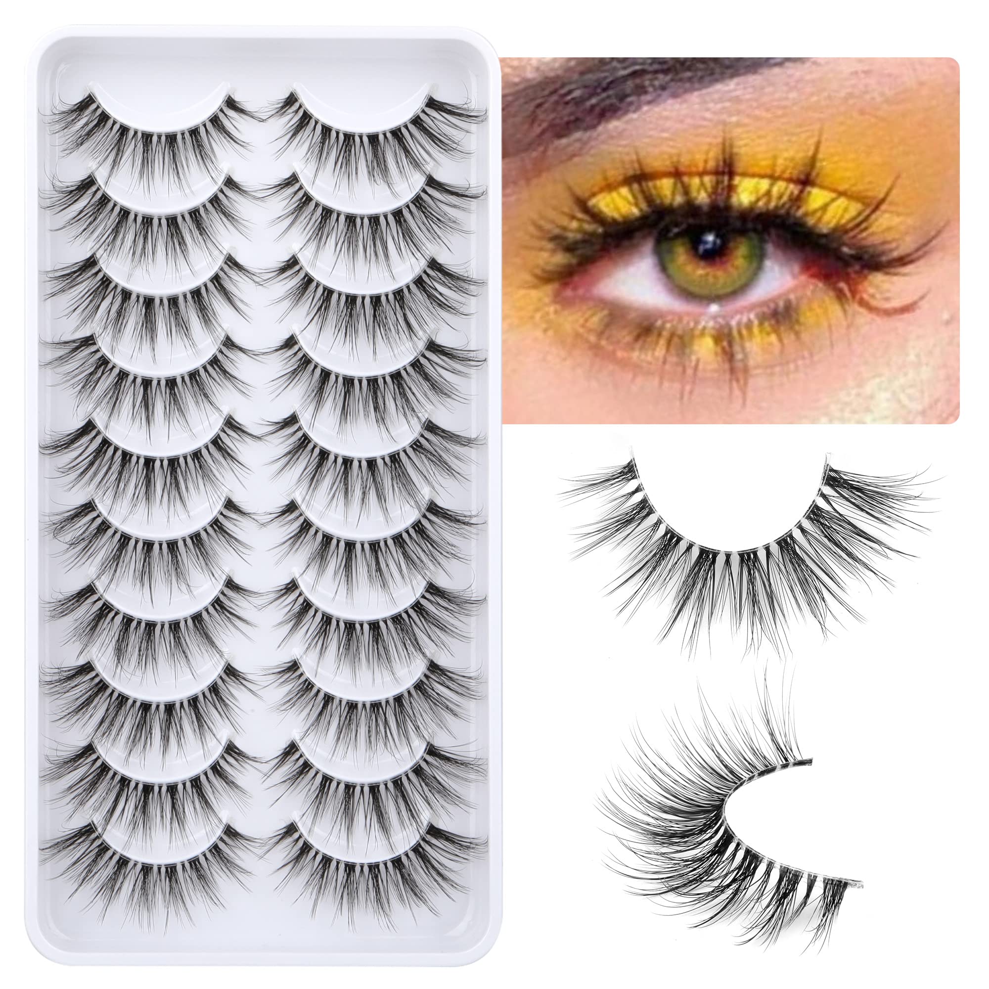 ALICROWN Wispy Eyelashes Natural Look Clear Lash Band Fake Eyelashes Fluffy Cat Eye Lashes Mink 10 Pairs Reusable Handmade Soft Eye Lashes Pack