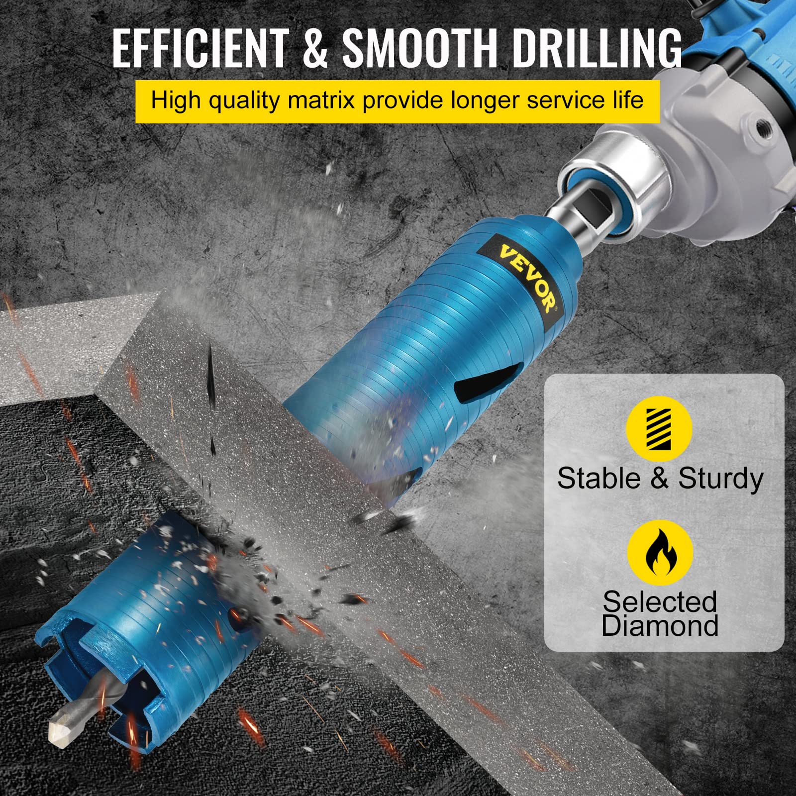 VEVOR Core Drill Bit, 2.5" / 63.5 mm Diameter 5/8"-11 Threaded, 9.5" / 241.3mm Depth Diamond Dry Coring Bore Tool with a Pilot Bit & 4.5" Blade, Masonry Hole Saw Bits for Hard Concrete Brick and Block