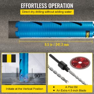 VEVOR Core Drill Bit, 2.5" / 63.5 mm Diameter 5/8"-11 Threaded, 9.5" / 241.3mm Depth Diamond Dry Coring Bore Tool with a Pilot Bit & 4.5" Blade, Masonry Hole Saw Bits for Hard Concrete Brick and Block