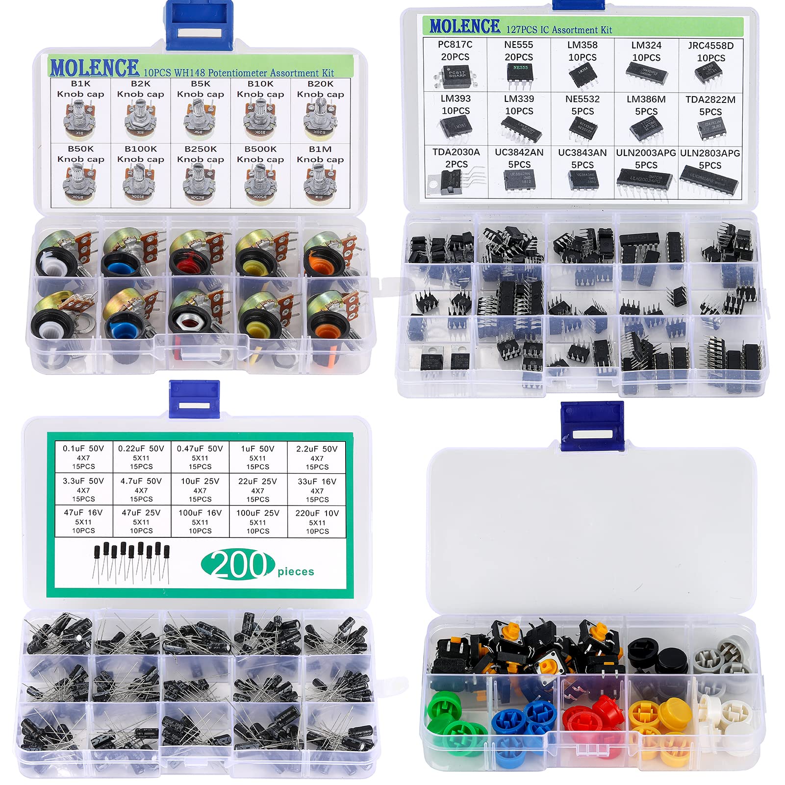 Molence 5162pcs DIY Electronics Components Kit Assortment, Resistors, Inductors, Capacitors, LED, Triode, ICS, Diodes, PCB, Potentiometer, Pin Header, Jumper Wire, Terminals, Tactswitch