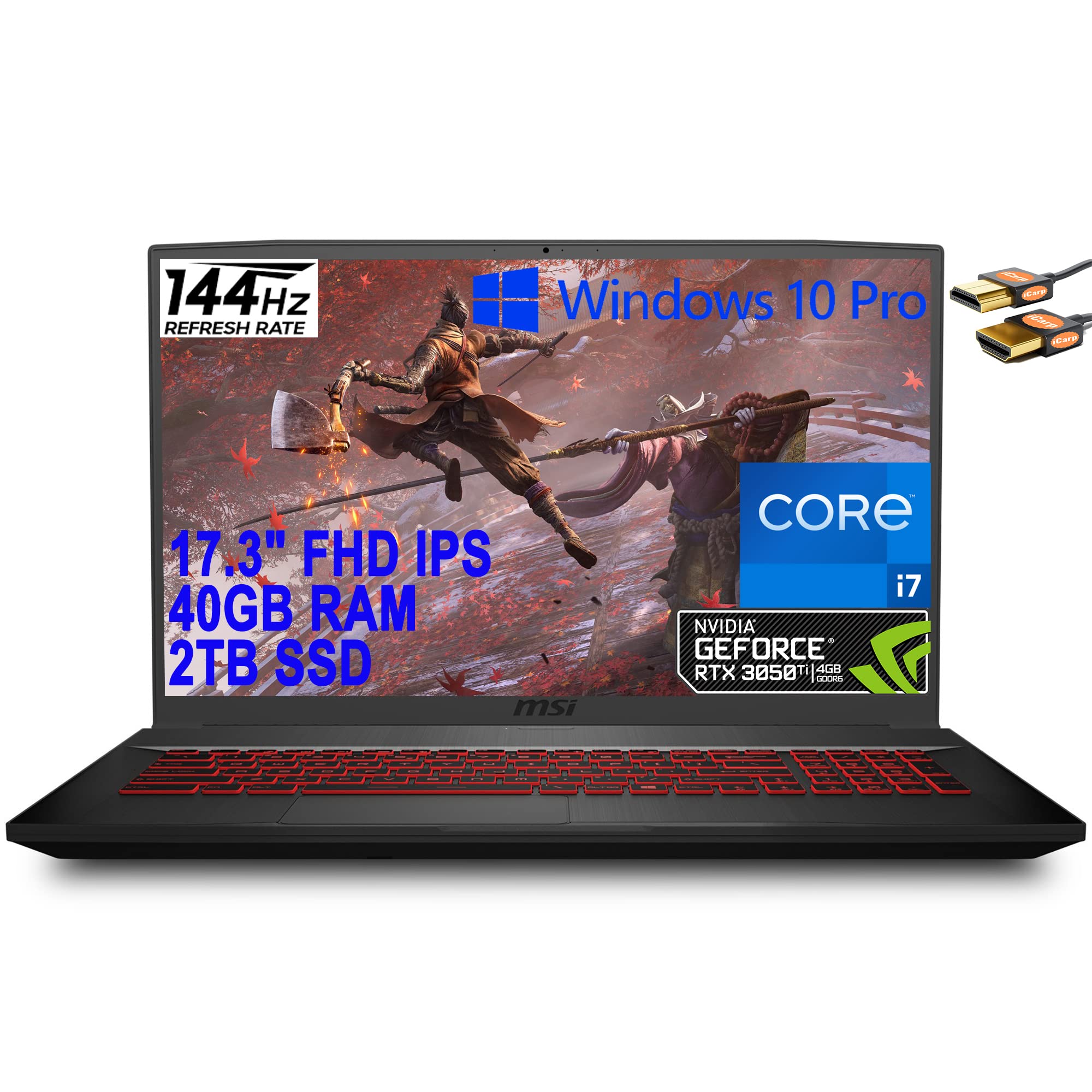 MSI Katana GF76 17 Gaming Laptop 17.3" FHD IPS 144Hz Display 11th Gen Intel 8-Core i7-11800H 40GB RAM 2TB SSD GeForce RTX 3050 Ti 4GB Backlit Keyboard USB-C Nahimic Win10 Pro Black + HDMI Cable