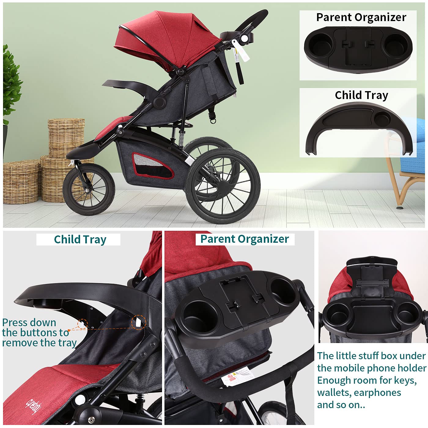 Baby Jogging Stroller for Toddler Kids Compact Single City Jogger Strollers All Terrain Jog 3 Wheels Pushchair Expedition with Parent Console (Red)