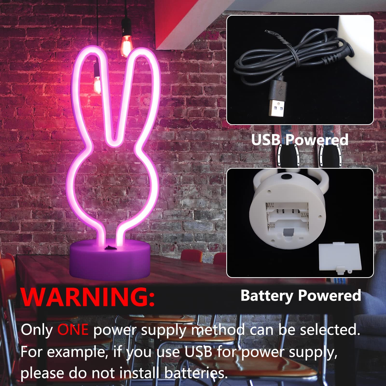 Easter Decorations Rabbit Lights Neon Signs, Creative Bunny Neon Lights with Base Battery/USB Operated Rabbit Stuff for Home, Nursery Room, Baby Teen Kids Girls Bedroom, Spring Decor (Rabbit-Pink)