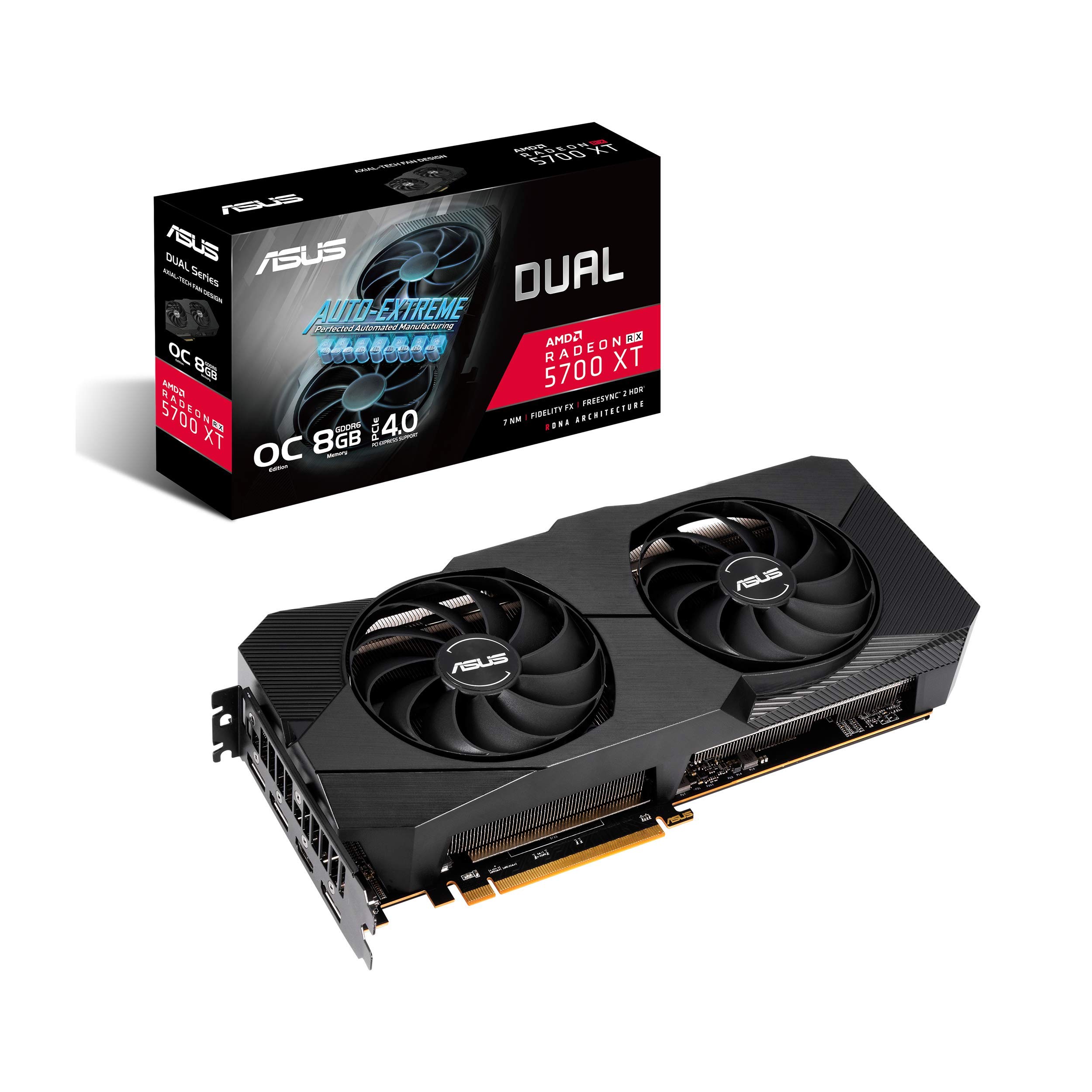 ASUS DUAL AMD Radeon RX 5700 XT EVO OC Edition Gaming Graphics Card (PCIe 4.0, 8GB GDDR6 memory, HDMI, DisplayPort, 1440p, Axial-tech Fan Design, metal backplate) (DUAL-RX5700XT-O (Renewed)