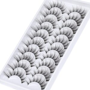 ALICROWN Wispy Eyelashes Natural Look Clear Lash Band Fake Eyelashes Fluffy Cat Eye Lashes Mink 10 Pairs Reusable Handmade Soft Eye Lashes Pack