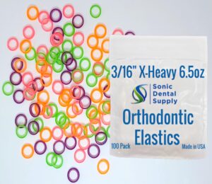 3/16 inch orthodontic elastic rubber bands - 100 pack - neon color latex, x-heavy 6.5 ounce small rubberbands, braces, dreadlocks hair braids, tooth gap, packaging, crafts - sonic dental - made in usa