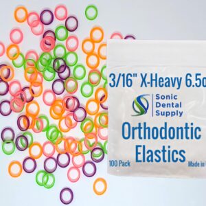 3/16 Inch Orthodontic Elastic Rubber Bands - 100 Pack - Neon Color Latex, X-Heavy 6.5 Ounce Small Rubberbands, Braces, Dreadlocks Hair Braids, Tooth Gap, Packaging, Crafts - Sonic Dental - Made in USA