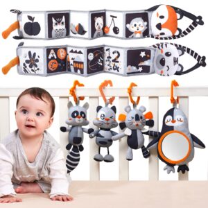 tumama baby rattle toy & soft book set, black and white high contrast tummy time animal plush hanging toys with mirror,early educational toys for infant 0 3 6 9 12 months