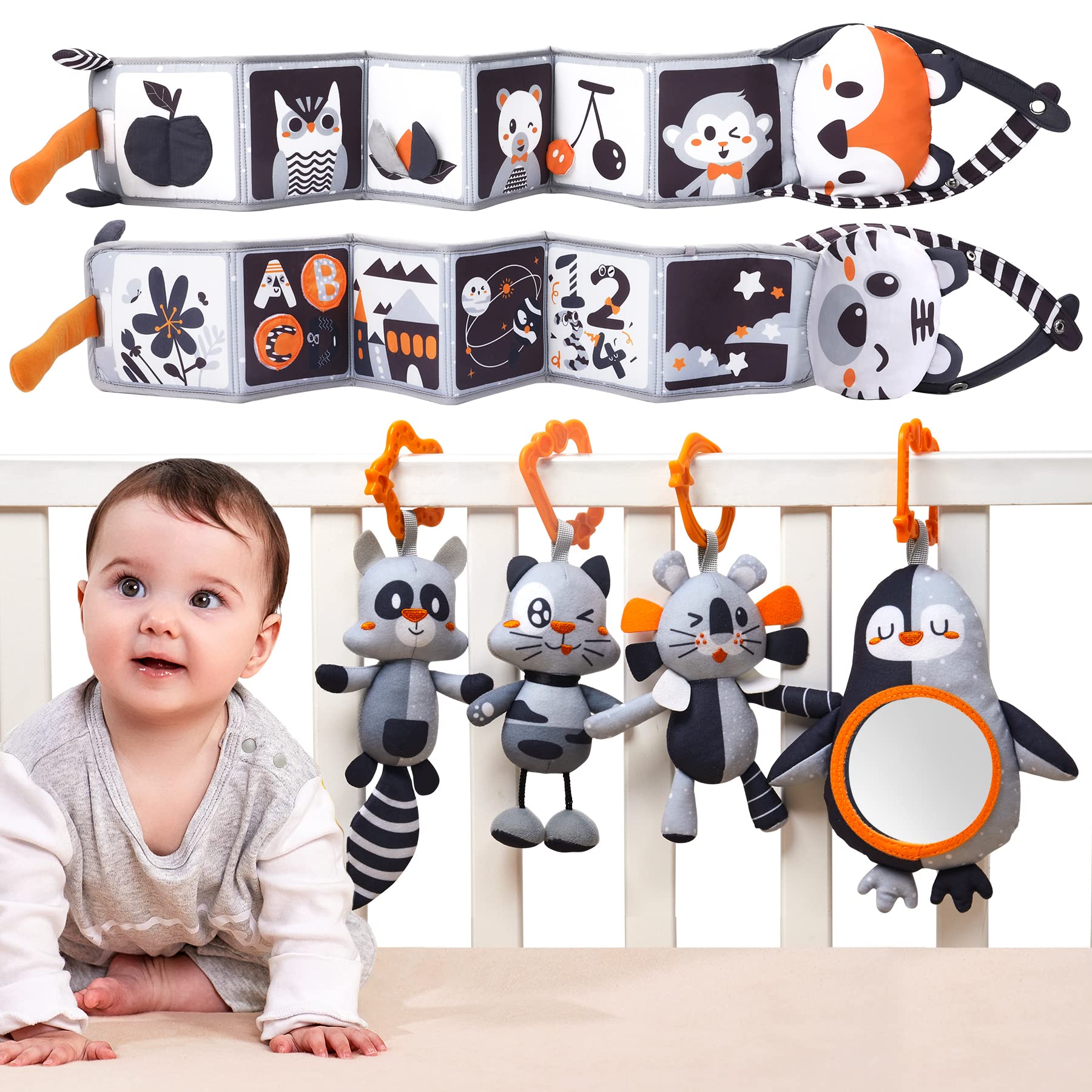 TUMAMA Baby Rattle Toy & Soft Book Set, Black and White High Contrast Tummy Time Animal Plush Hanging Toys with Mirror,Early Educational Toys for Infant 0 3 6 9 12 Months