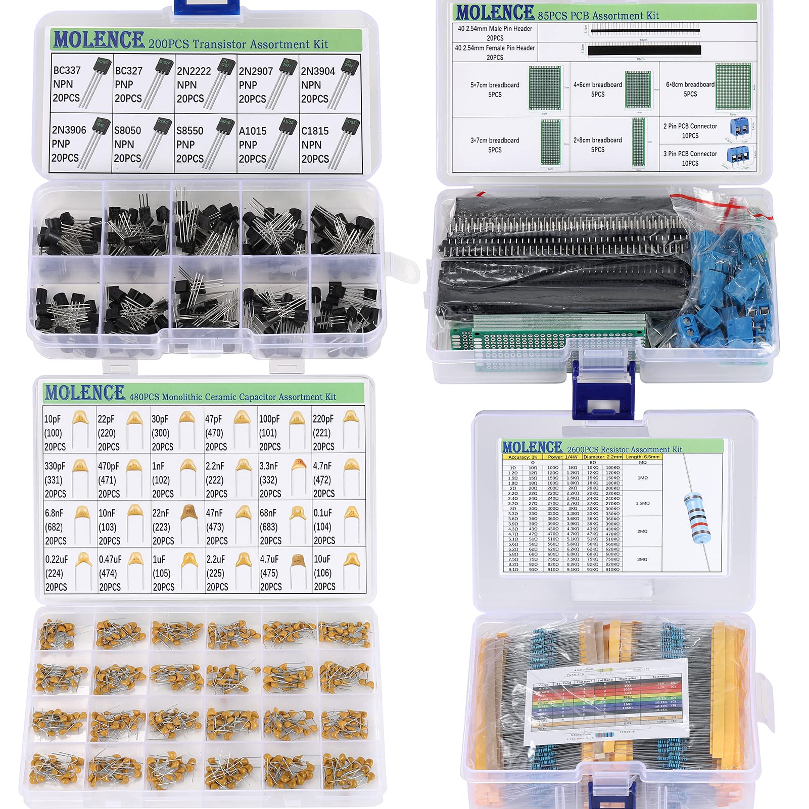 Molence 5162pcs DIY Electronics Components Kit Assortment, Resistors, Inductors, Capacitors, LED, Triode, ICS, Diodes, PCB, Potentiometer, Pin Header, Jumper Wire, Terminals, Tactswitch