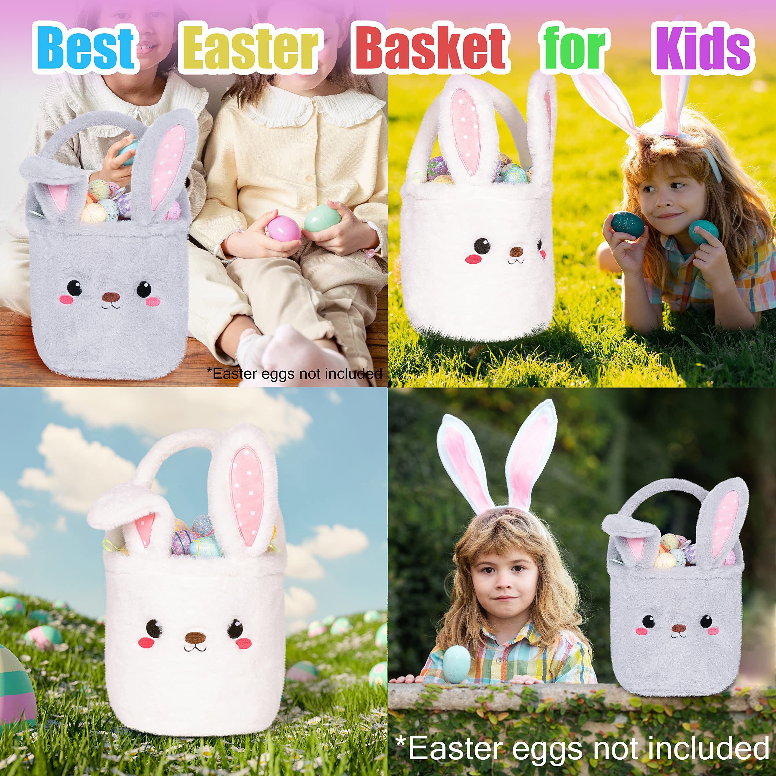 LUBOT Easter Basket for Kids 3D (9inch*9inch) Plush Bunny Baskets with Foldable Ears Egg Hunts bucket for Boys and Girls Easter Decoration Bag Gift, Pink