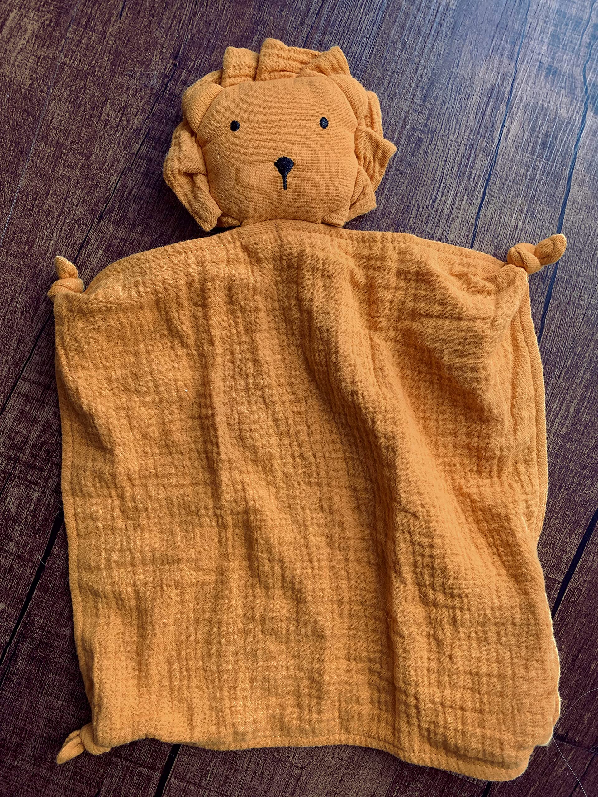 Calendula Gifts 100% Organic Cotton Muslin Animal Baby Blanket Lovey (Yellow Lion)