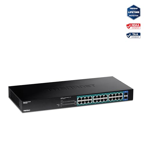 TRENDnet 26-Port Gigabit PoE+ Switch, 24 x 30W PoE+ Ports, 2 Gigabit SFP Slots, 380W PoE Budget, 52Gbps Switching Capacity, 1U 19” Rack Mountable, Lifetime Protection, Black, TPE-TG262