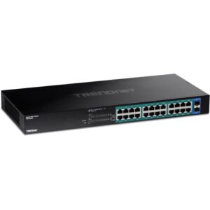 trendnet 26-port gigabit poe+ switch, 24 x 30w poe+ ports, 2 gigabit sfp slots, 380w poe budget, 52gbps switching capacity, 1u 19” rack mountable, lifetime protection, black, tpe-tg262