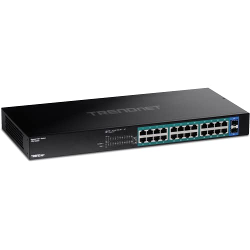 TRENDnet 26-Port Gigabit PoE+ Switch, 24 x 30W PoE+ Ports, 2 Gigabit SFP Slots, 380W PoE Budget, 52Gbps Switching Capacity, 1U 19” Rack Mountable, Lifetime Protection, Black, TPE-TG262