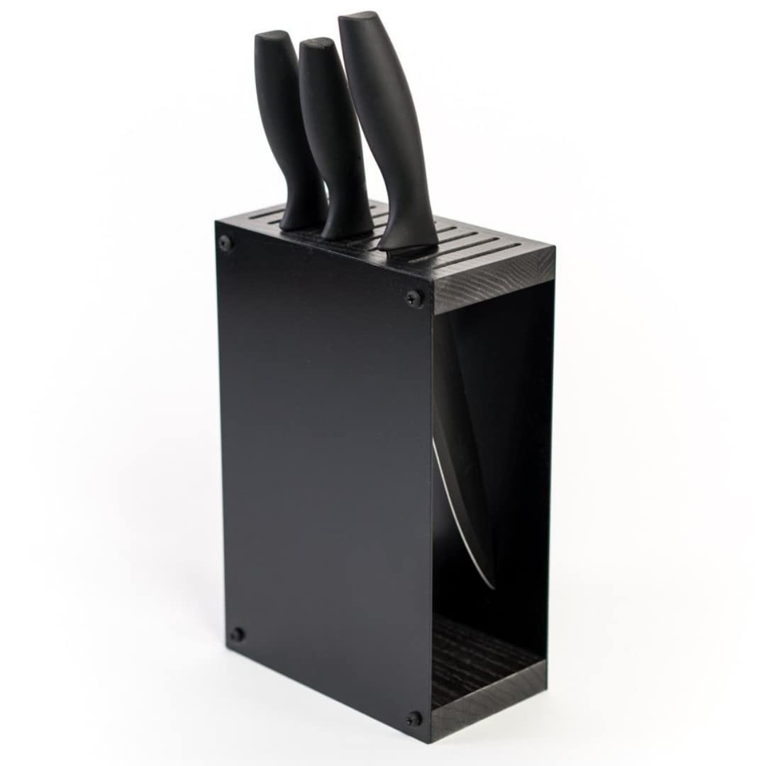 Kitchen Knife Block only Empty Metallic Knife Holder Stand Without Knives Universal Wooden and Metal Large Storage Blocks (Black)