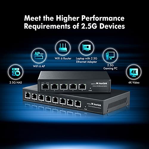 MokerLink 5 Port 2.5G Ethernet Switch, 5 x 2.5GBASE-T Ports, Compatible with 10/100/1000Mbps, Metal Unmanaged Fanless Network Switch