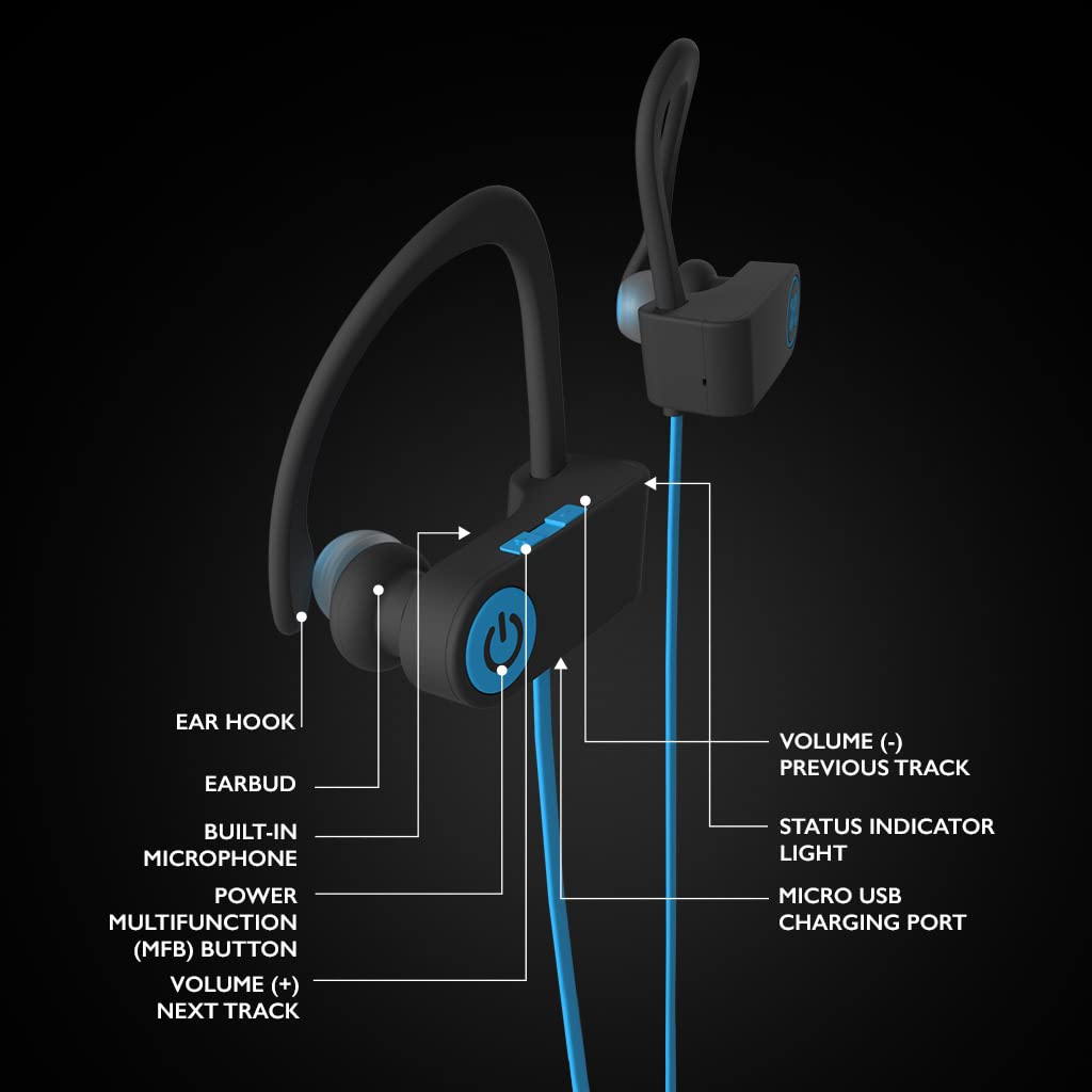 Klip xtreme JogBudz II Sports Earphones with Mic Lightweight Water-Resistant Earbuds with Ear Hooks Compatible with Siri and Google Voice, Wireless Headphones (Blue)