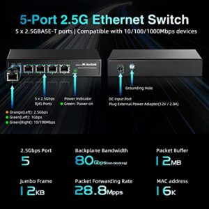 MokerLink 5 Port 2.5G Ethernet Switch, 5 x 2.5GBASE-T Ports, Compatible with 10/100/1000Mbps, Metal Unmanaged Fanless Network Switch