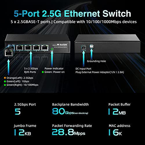 MokerLink 5 Port 2.5G Ethernet Switch, 5 x 2.5GBASE-T Ports, Compatible with 10/100/1000Mbps, Metal Unmanaged Fanless Network Switch