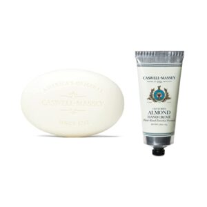 caswell-massey centuries almond hand cream & bath soap set, scented & moisturizing hand cream & bar soap for men & women, 2.25 oz + 5.8 oz