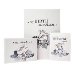 Happy Homewares Cute Baby Elephant Grey Photo Album with Silver Stars and Palm Leaves | New Born Baby or Baby Shower Album | 24 Spaces - 4"x6"