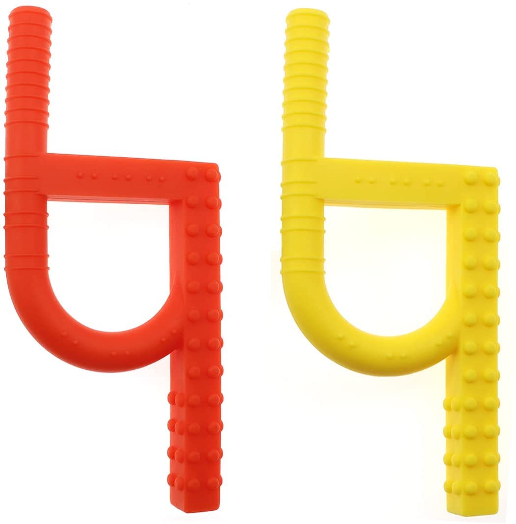 Sensory Chew Toys for Kids with Teething, ADHD, Autism, Biting Needs,Oral Motor Chewy Teether, Silicone chewlery for Boys and Girls(2 Pack red Yellow)