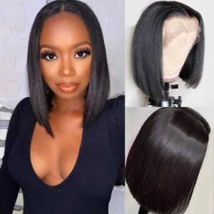 lzlefho short bob wigs 13x6 lace front wigs human hair glueless brazilian virgin human hair straight bob wigs for women 150% density pre plucked with baby hair natural color (12inch)