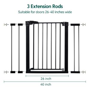 BABELIO 26-43 Inch Easy Install Extra Wide Pressure Mounted Metal Baby Gate, No Drilling, No Tools Required, with Wall Protectors and Extenders (Black)