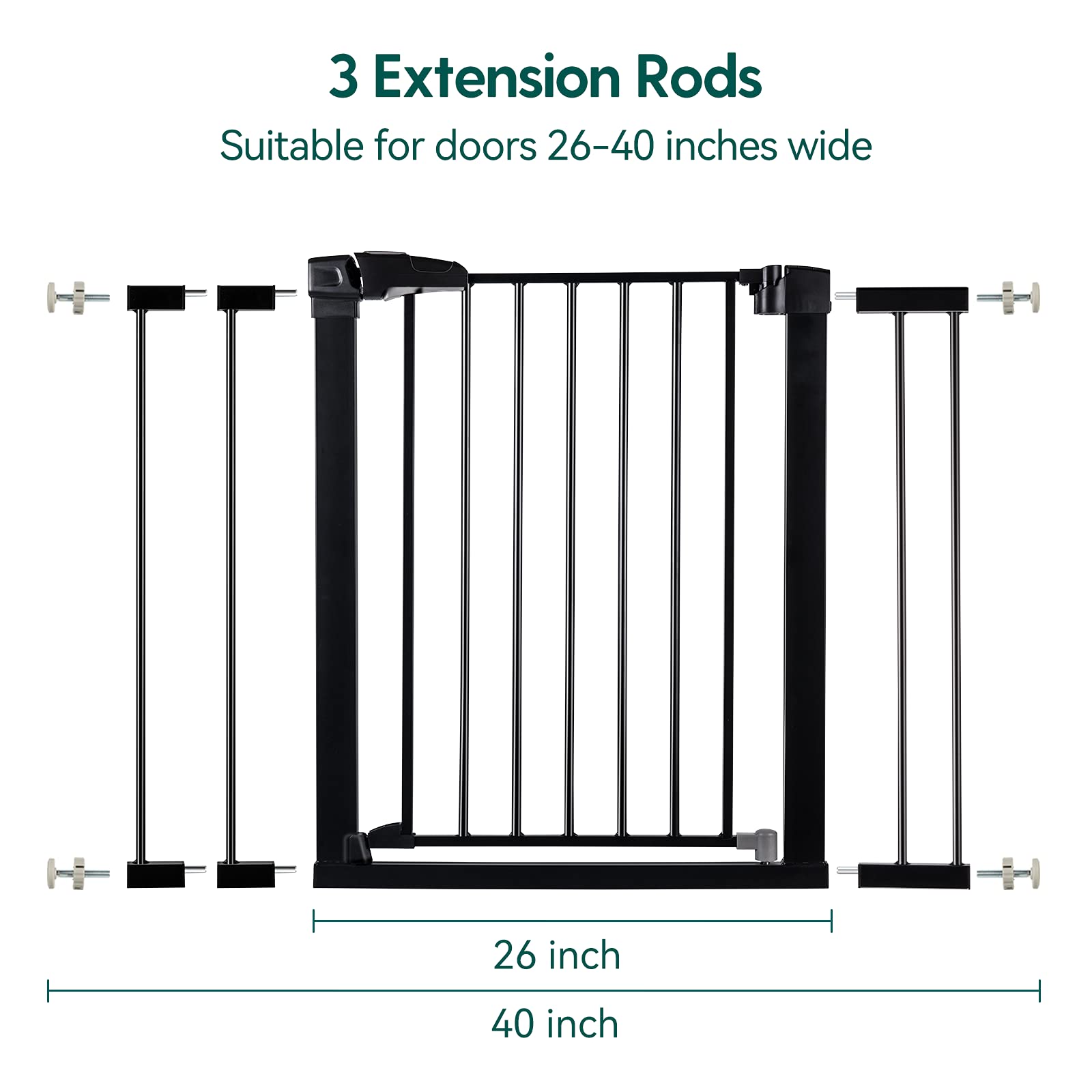 BABELIO 26-43 Inch Easy Install Extra Wide Pressure Mounted Metal Baby Gate, No Drilling, No Tools Required, with Wall Protectors and Extenders (Black)