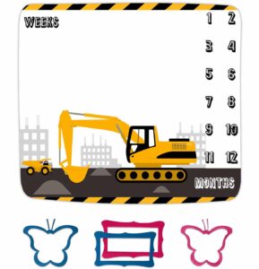 construction baby monthly milestone blanket for boys and girls, excavator truck month and age blanket, 48x40in soft flannel, white monthly newborn gift baby photo blanket