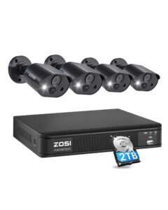 zosi c303 home outdoor security camera system with audio, 5mp-lite 8ch dvr with 2tb hdd and 4 x 1080p weatherproof camera with human detection alerts, smart light & sound alarm