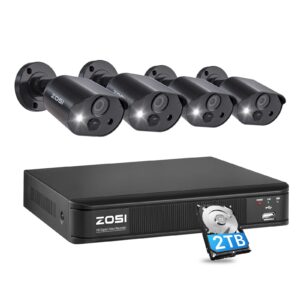 ZOSI C303 Home Outdoor Security Camera System with Audio, 5MP-Lite 8CH DVR with 2TB HDD and 4 x 1080p Weatherproof Camera with Human Detection Alerts, Smart Light & Sound Alarm