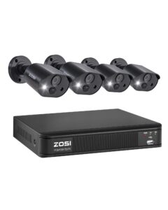 zosi c303 home outdoor security camera system with audio, 5mp-lite 8 channel dvr and 4 x 1080p weatherproof camera with human detection alerts, smart light & sound alarm