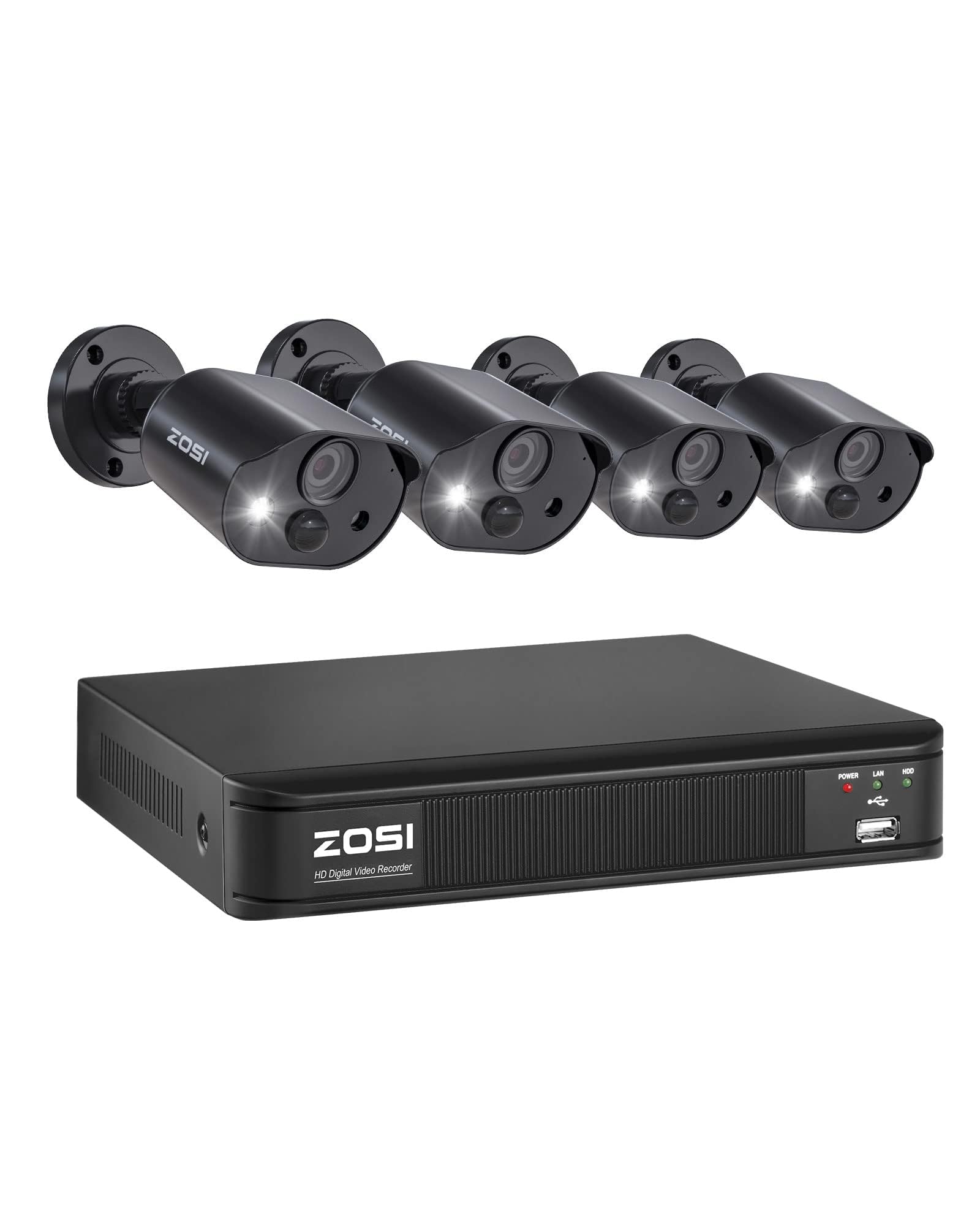 ZOSI C303 Home Outdoor Security Camera System with Audio, 5MP-Lite 8 Channel DVR and 4 x 1080p Weatherproof Camera with Human Detection Alerts, Smart Light & Sound Alarm