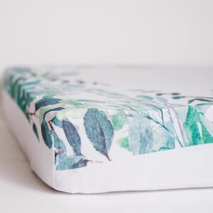 nodnal co. leafy pack n play playard portable mini crib fitted sheet for baby mattress - jersey knit cotton unisex girl/boy for pack and play - gender neutral floral eucalyptus (leafy border)