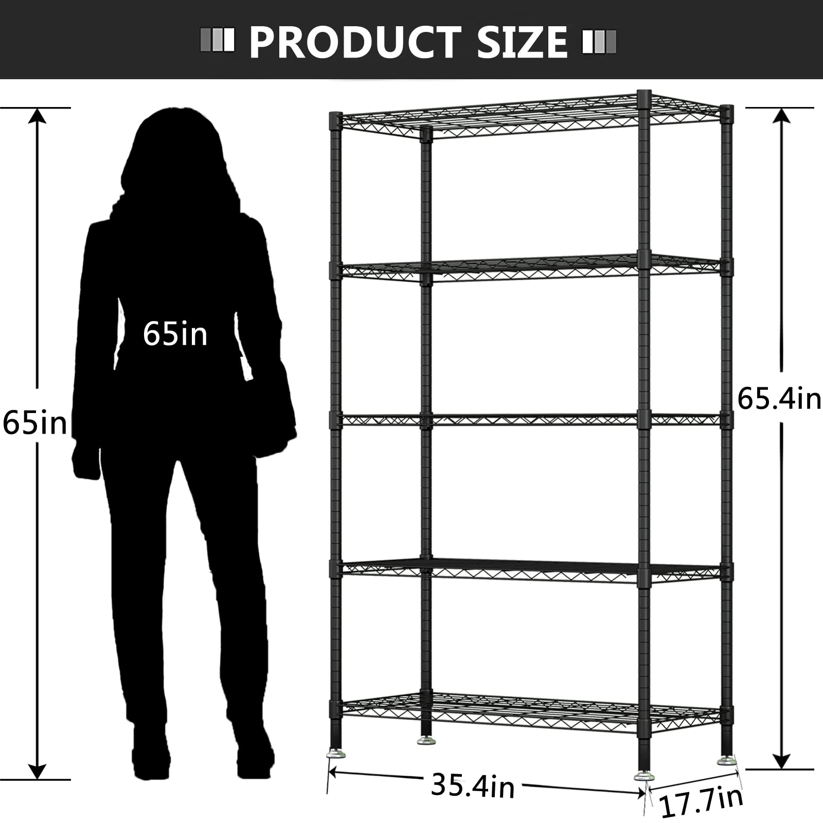 SUOERNUO Wire Shelving Unit 5 Tier Wire Metal Shelf Organizer Wire Rack Large Garage Storage Shelves Heavy Duty Adjustable Unit Rack Utility for Kitchen Bathroom (35.4Lx17.7Wx65.3H) Black