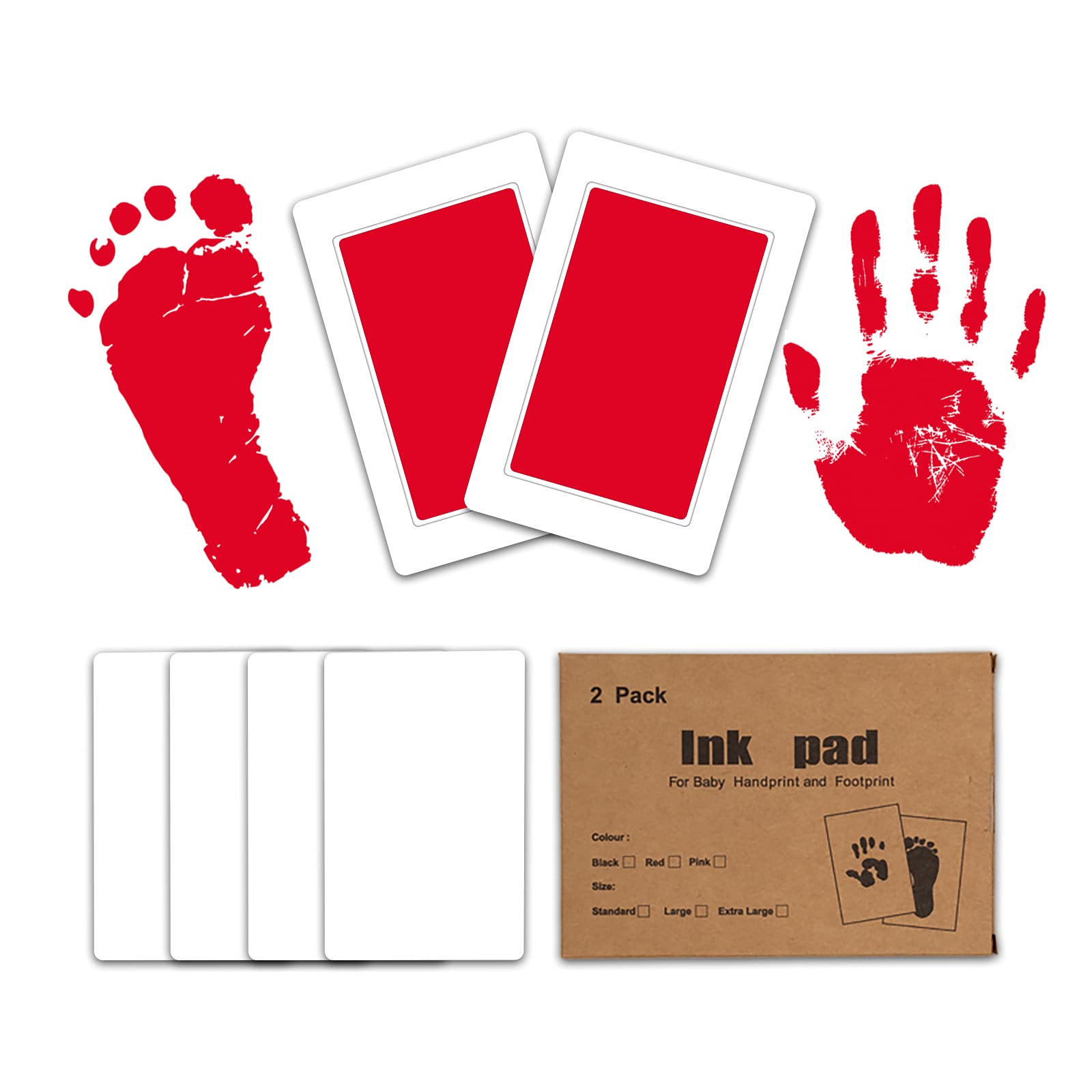 Xingwenice Baby Handprint or Footprint Inkless Pad Kit, Infant Clean Touch Non-Toxic Hand & Foot Stamp, Perfect Baby Shower Keepsake Gifts for Newborn Boys Girls, 2 Packs (Standard, Red)