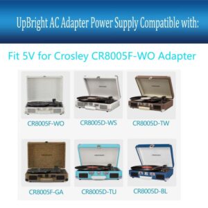 UpBright 5V 1A AC/DC Adapter Compatible with Crosley CR8005F CR8005F-W0 Cruiser Plus Portable Turntable CR8005D BK CR8005 D CR 8005 CR8005F-GA CR8005D-BL CR8005D-TU CR8005D-TW CR8005D-WS Power Supply